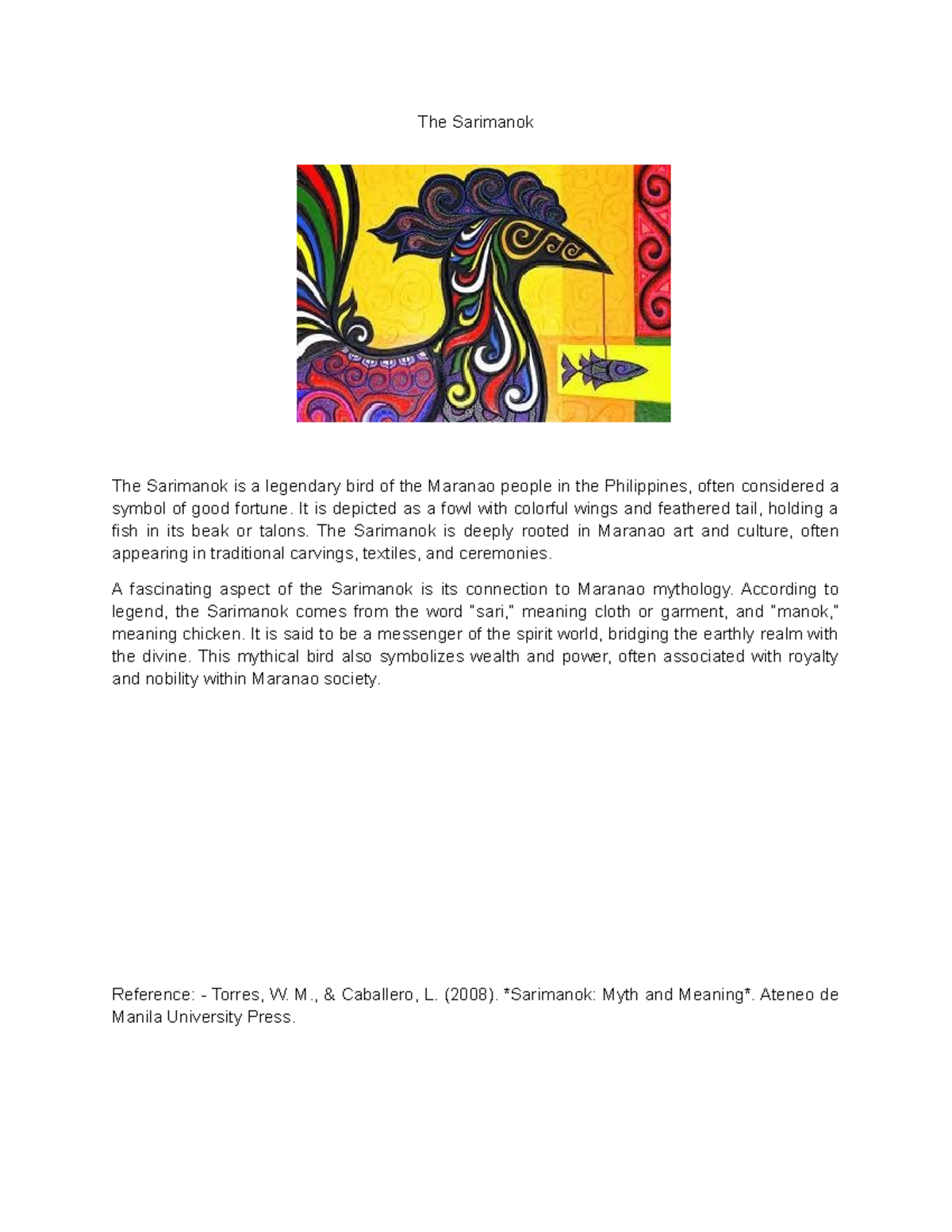 Sarimanok - It is depicted as a fowl with colorful wings and feathered ...