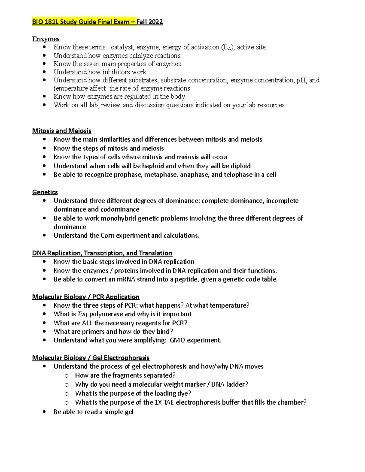 BIO 181L Study Guide Final F22 - BIO 181L Study Guide Final Exam – Fall ...