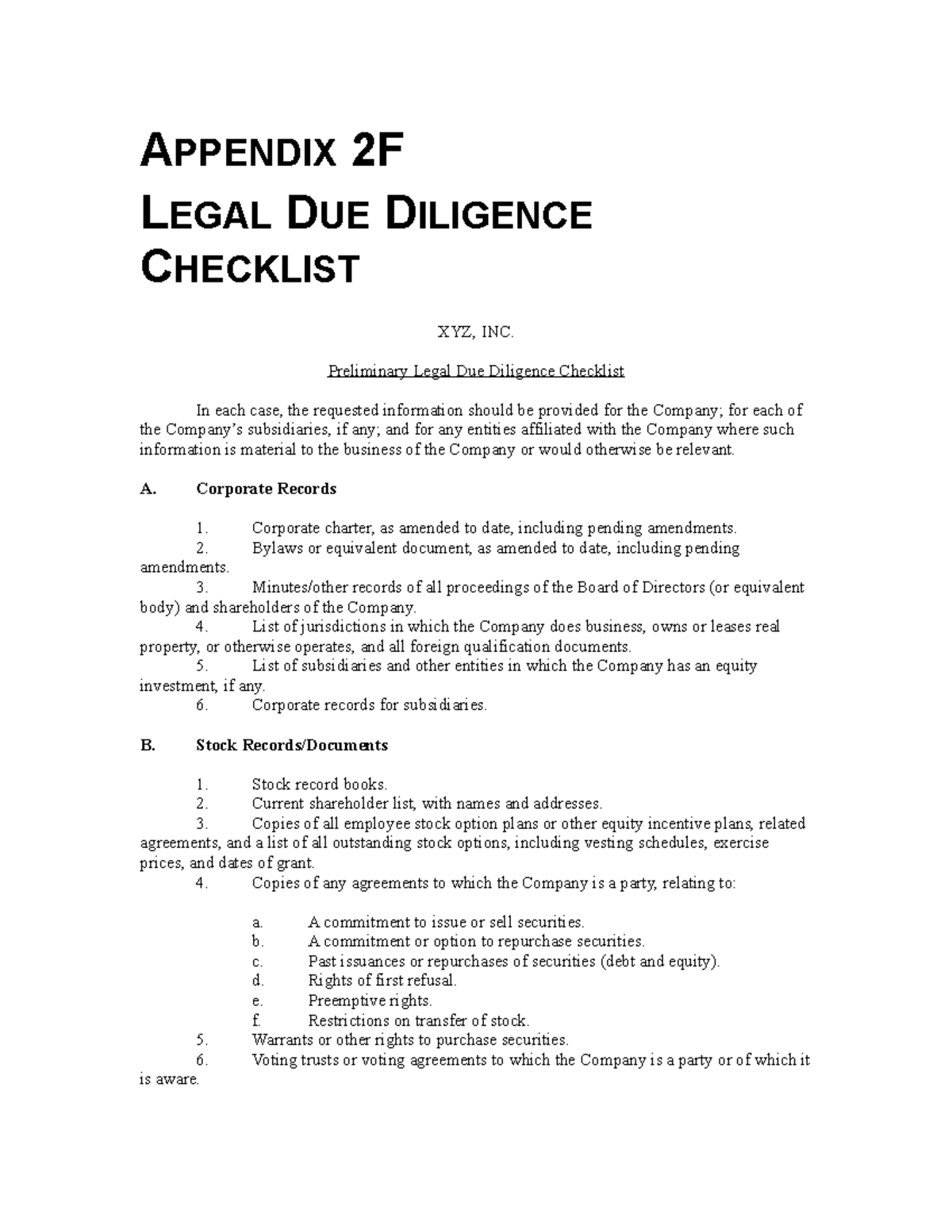 Legal checklist merger - APPENDIX 2F LEGAL DUE DILIGENCE CHECKLIST XYZ ...