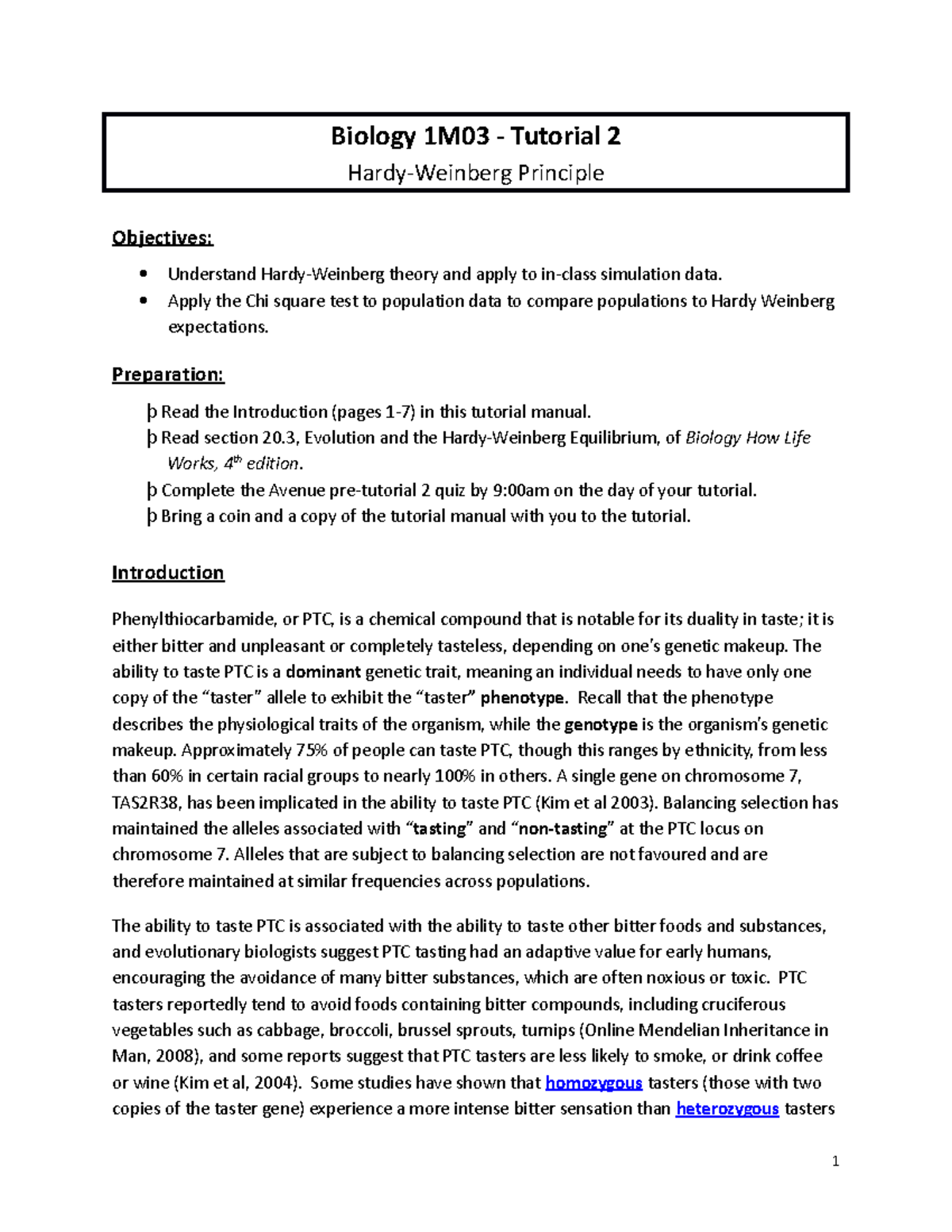 Tutorial 2 HWE F23 edit - Biology 1M03 - Tutorial 2 Hardy-Weinberg Principle Objectives: - Studocu
