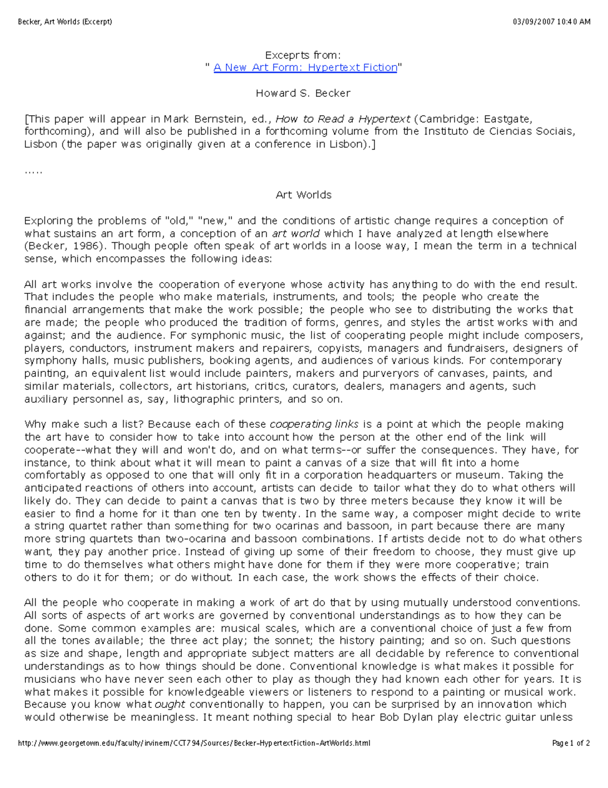Becker Art Worlds Excerpt - Becker paper will appear in Mark Bernstein ...