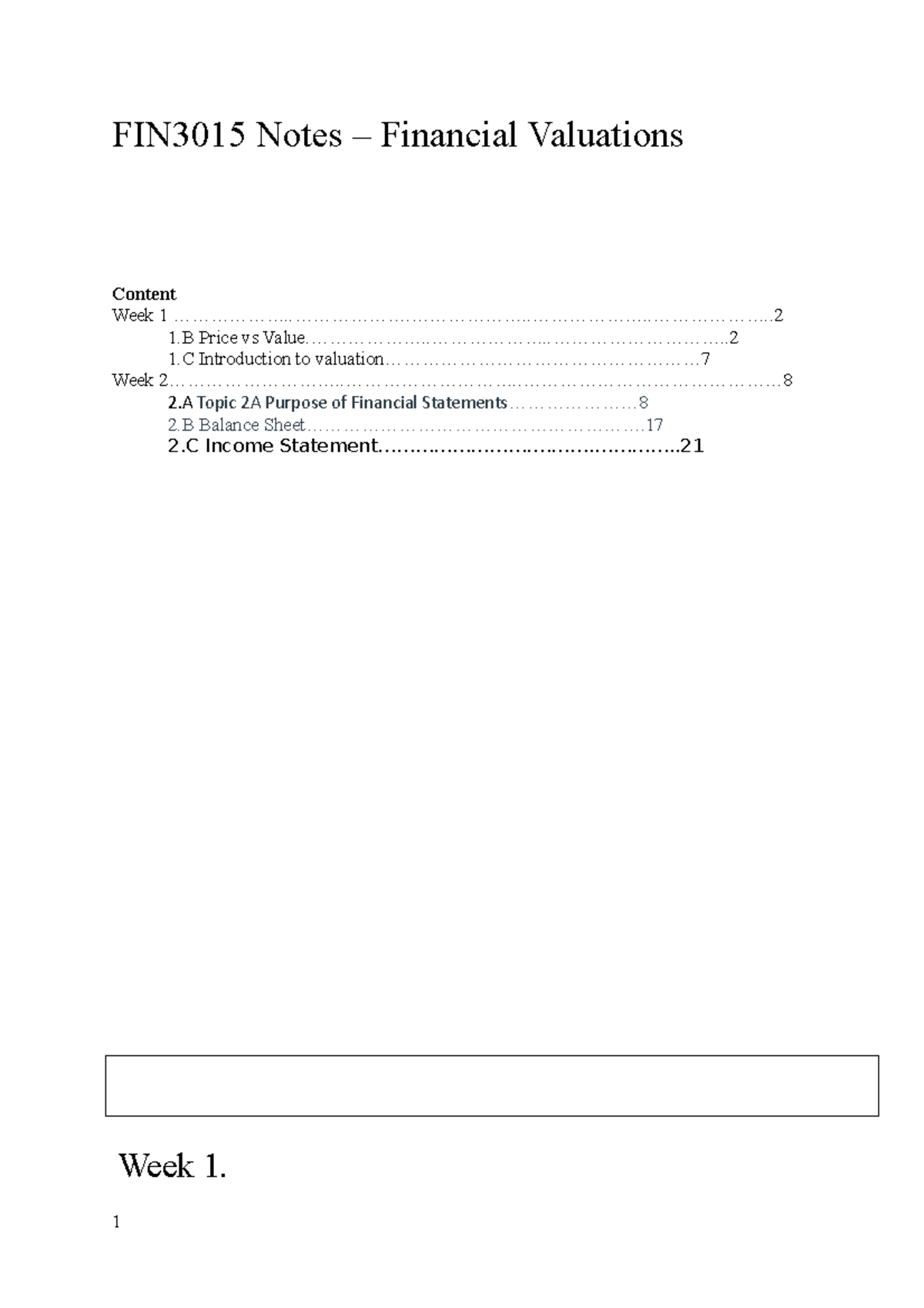 VALS Notes - FIN3015 Notes – Financial Valuations Content Week 1 - Studocu