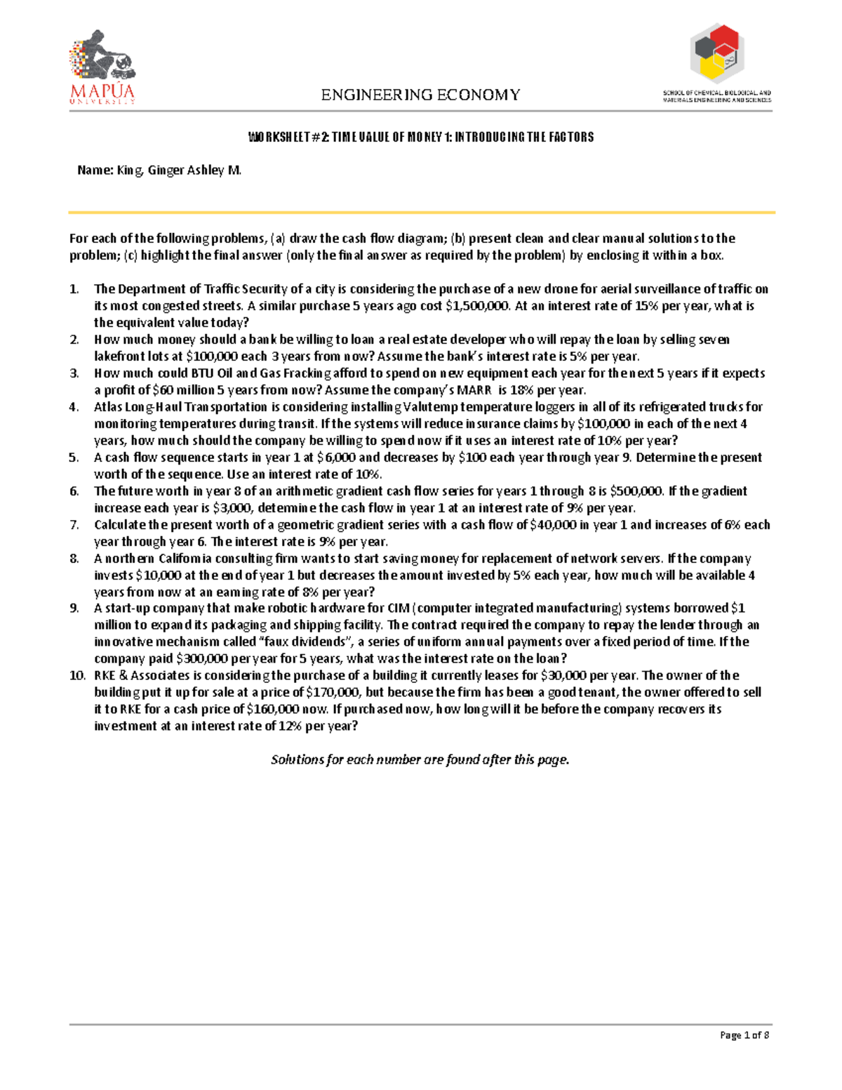 King WS#2 - Engineering economics worksheet containing cashflow ...