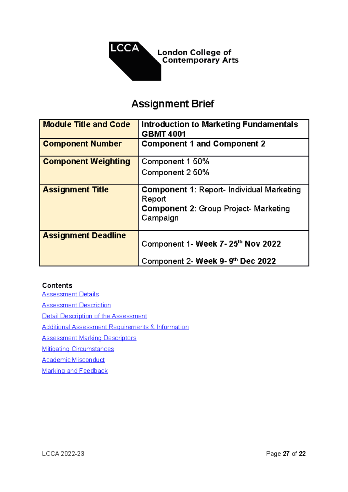 Final Assignment Brief- Marketing Fundamentals-Oct 22-1 - Assignment Brief Module Title and Code ...