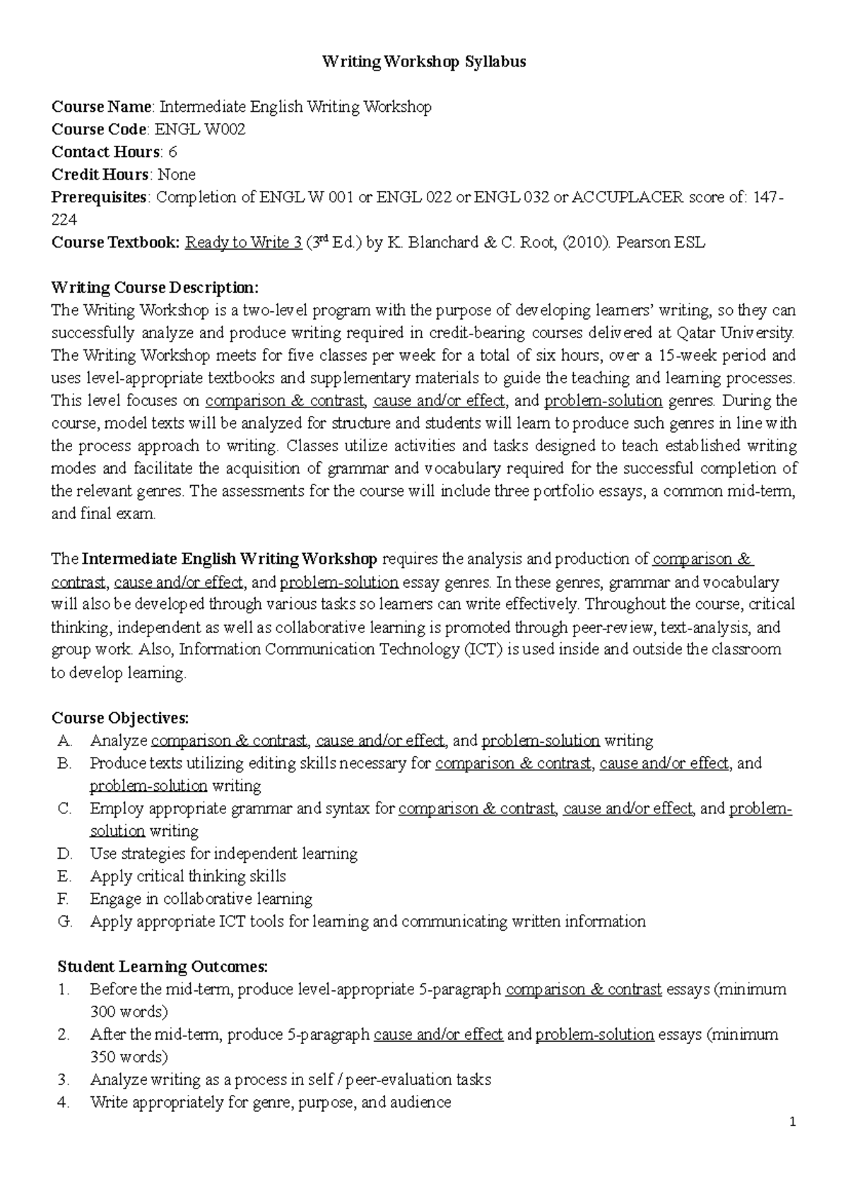 ENGL W002 Syllabus Fall 2014 - Writing Workshop Syllabus Course Name ...