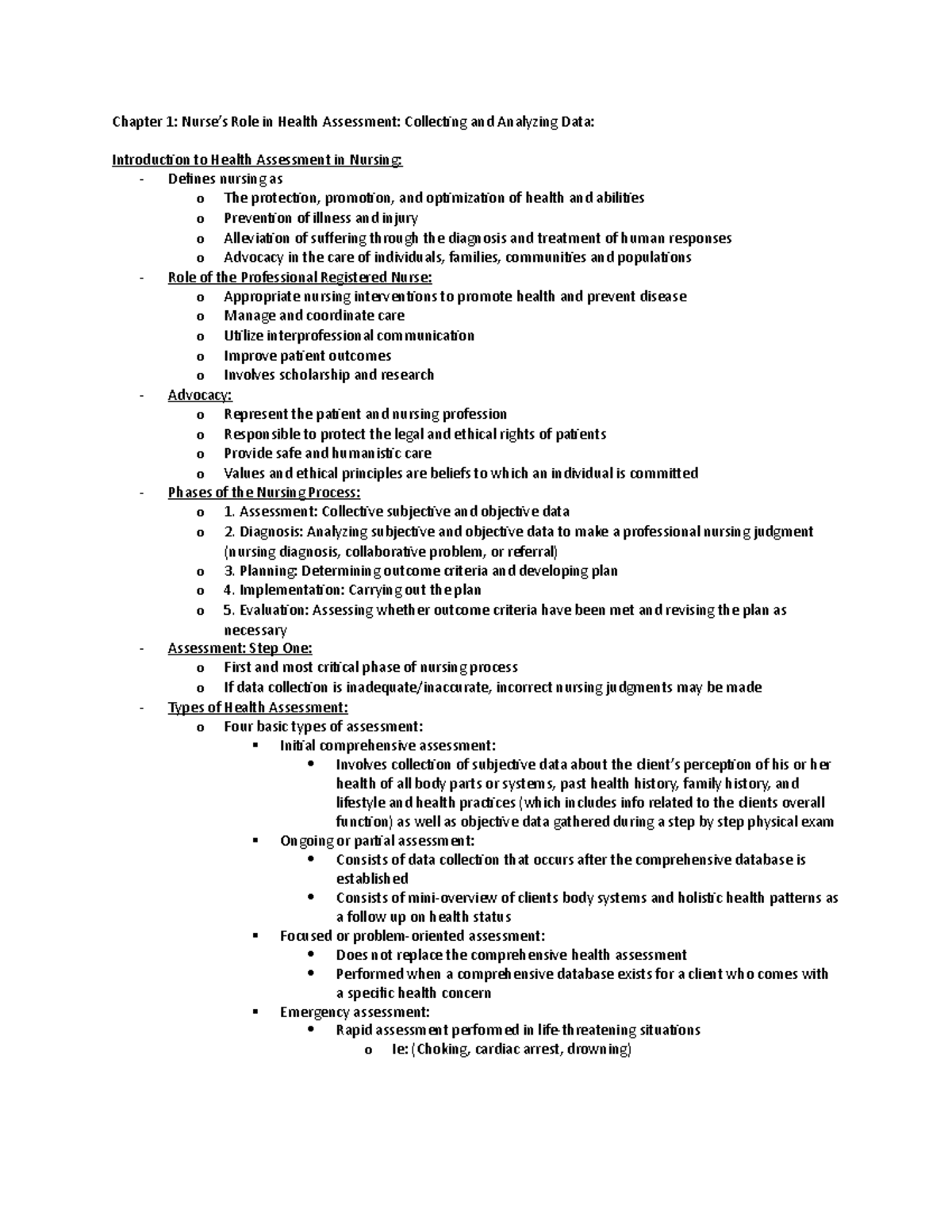 Chapter 1 and 2 - Outline - Chapter 1: Nurse’s Role in Health ...