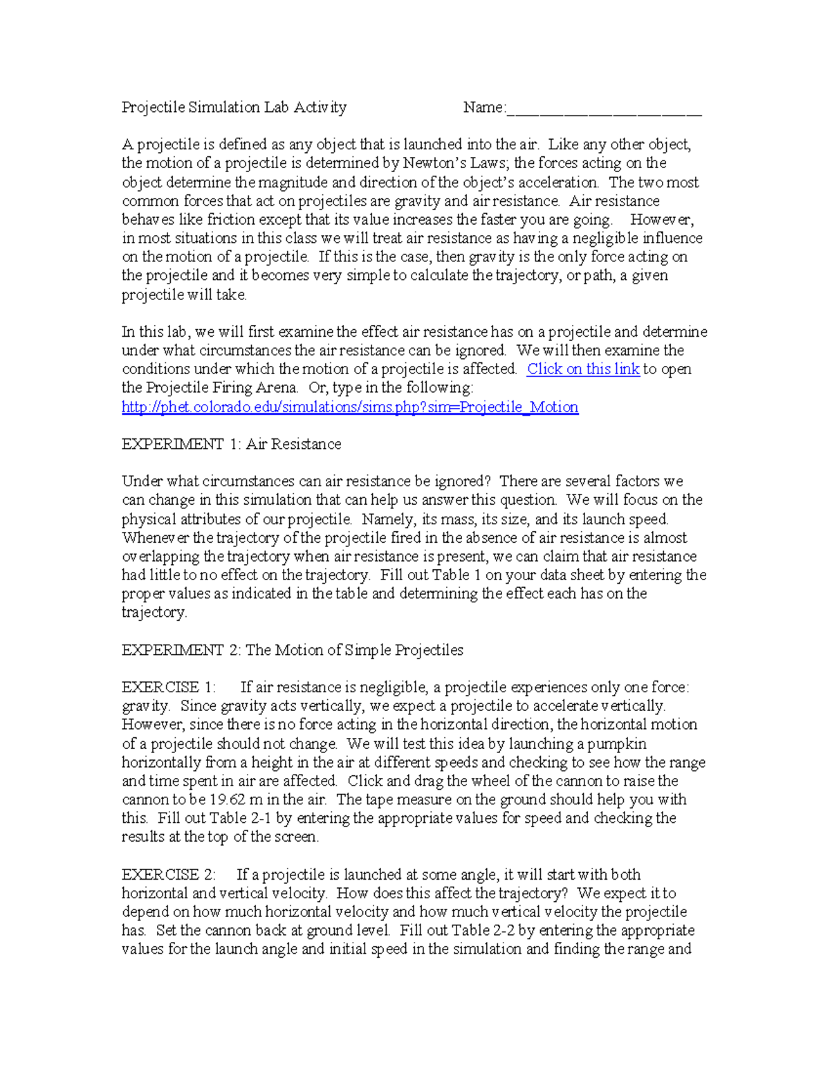 Projectile simulation lab manual - - Studocu