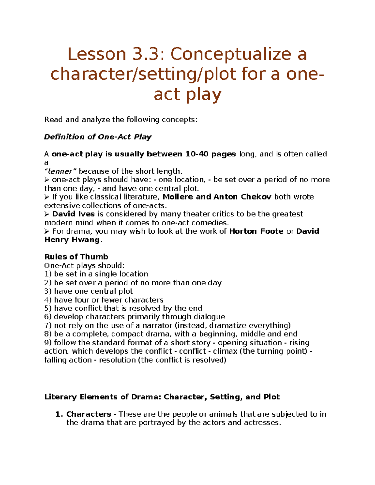 Creative Writing - Lesson 3: Conceptualize a character/setting/plot for a one- act play Read and ...