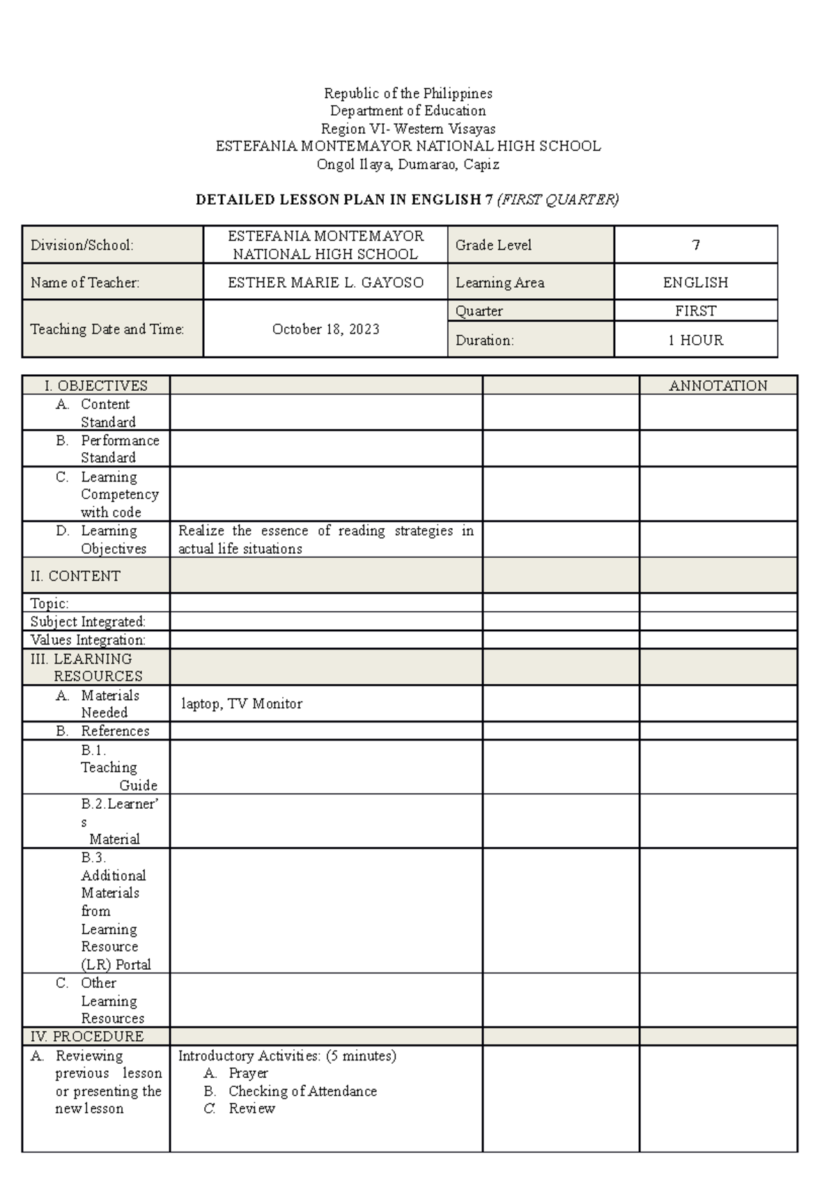 LP Reading Strategies - Republic of the Philippines Department of ...