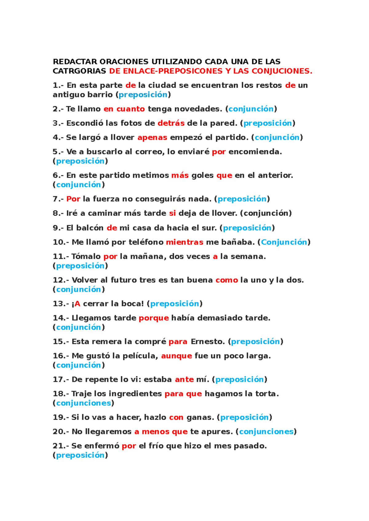 Preposiciones Y Conjunciones l - REDACTAR ORACIONES UTILIZANDO CADA UNA ...