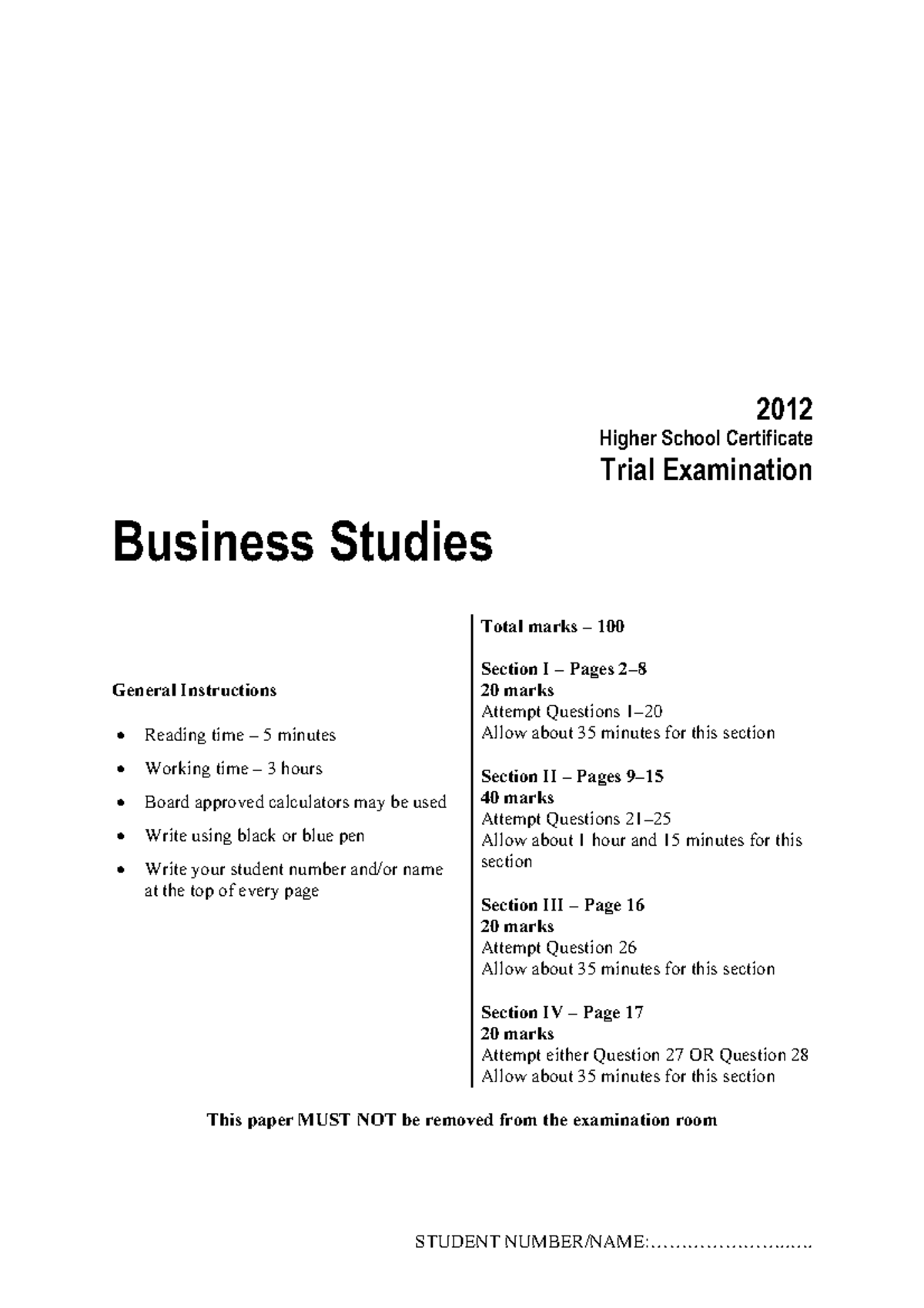 Independent 2012 Business Studies Trials Solutions - STUDENT NUMBER ...