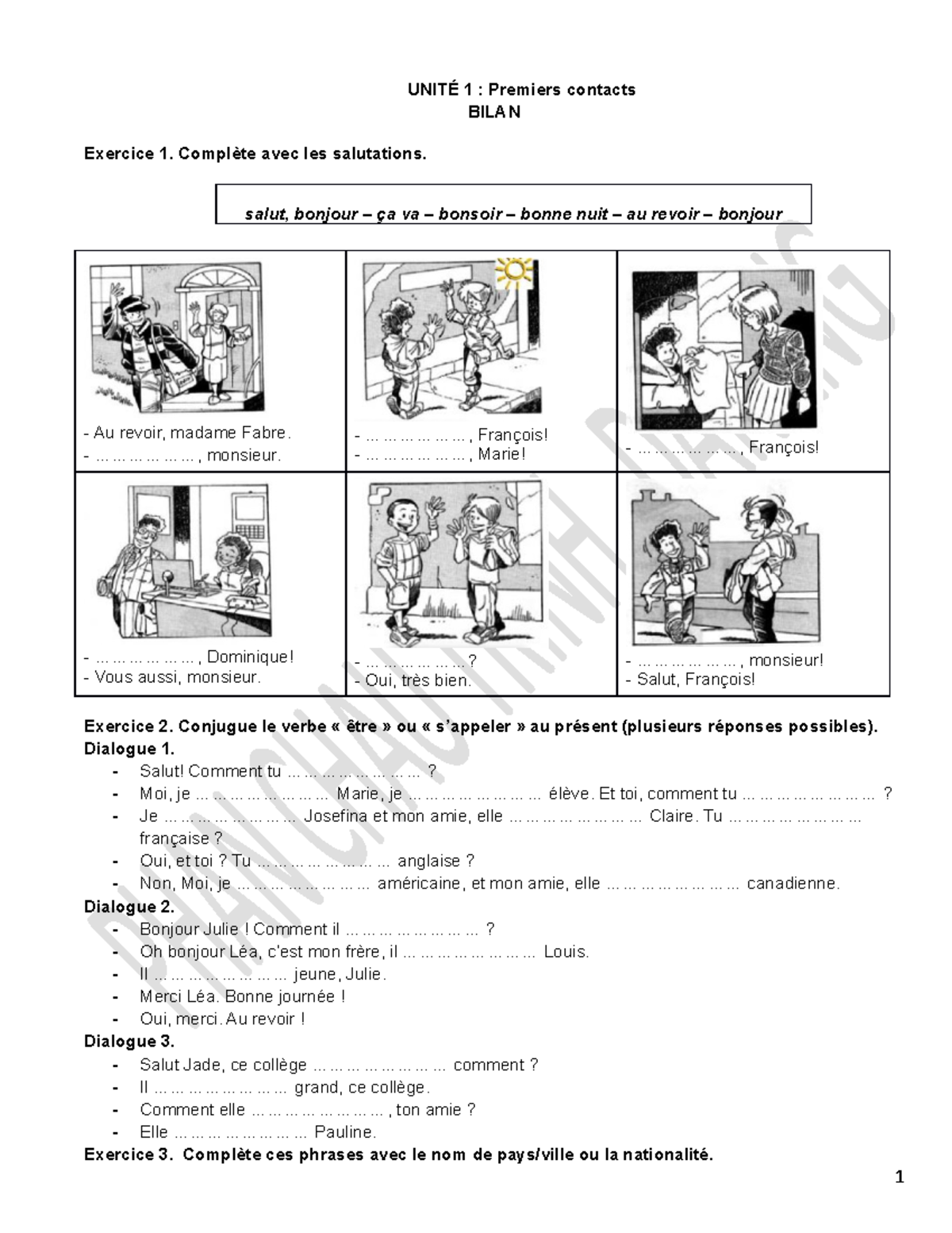 10 Exercices - Unite 1 - Bilan - UNITÉ 1 : Premiers contacts BILAN ...