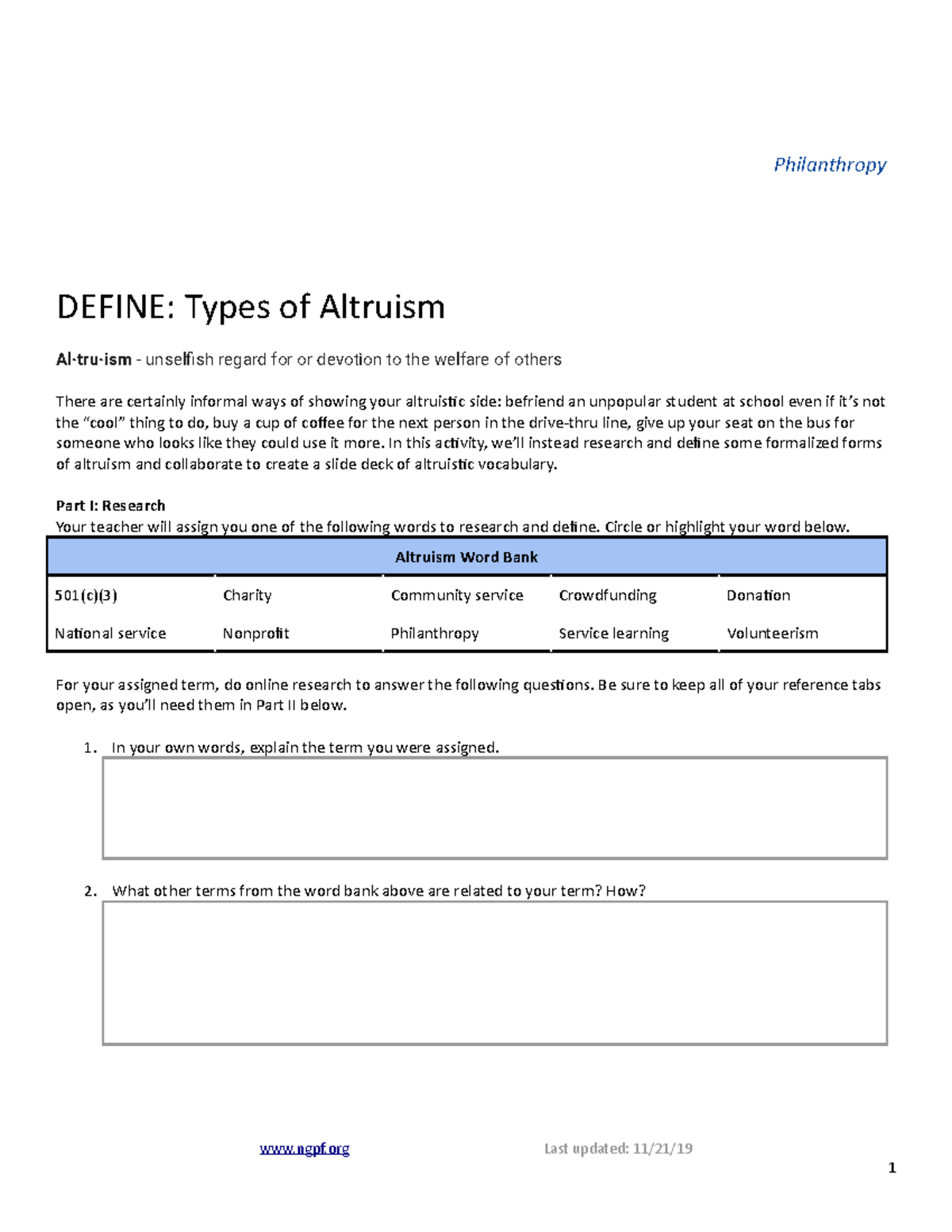 Define Types of Altruism - Philanthropy DEFINE: Types of Altruism Al ...