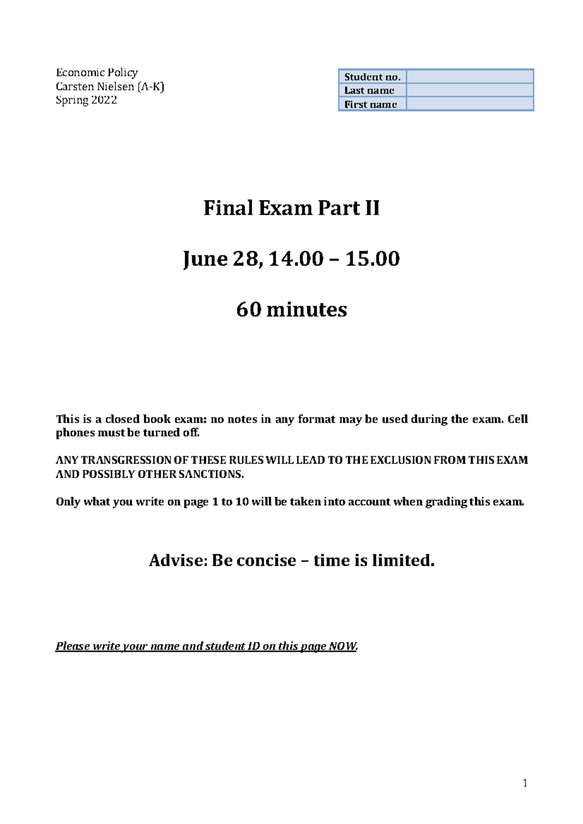 Mock Exam Part 2 - Economic Policy Carsten Nielsen (A-K) Spring 2022 ...