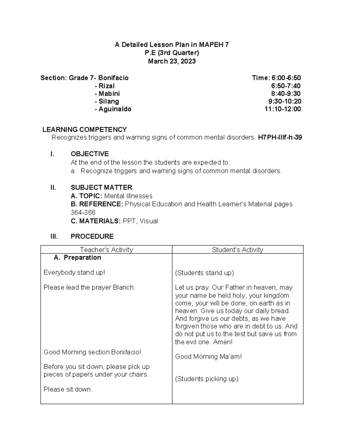 Mental illnesses - A Detailed Lesson Plan in MAPEH 7 P (3rd Quarter ...