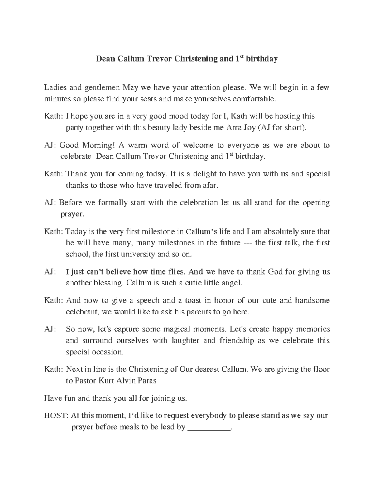 Script for Baptism - Dean Callum Trevor Christening and 1st birthday ...