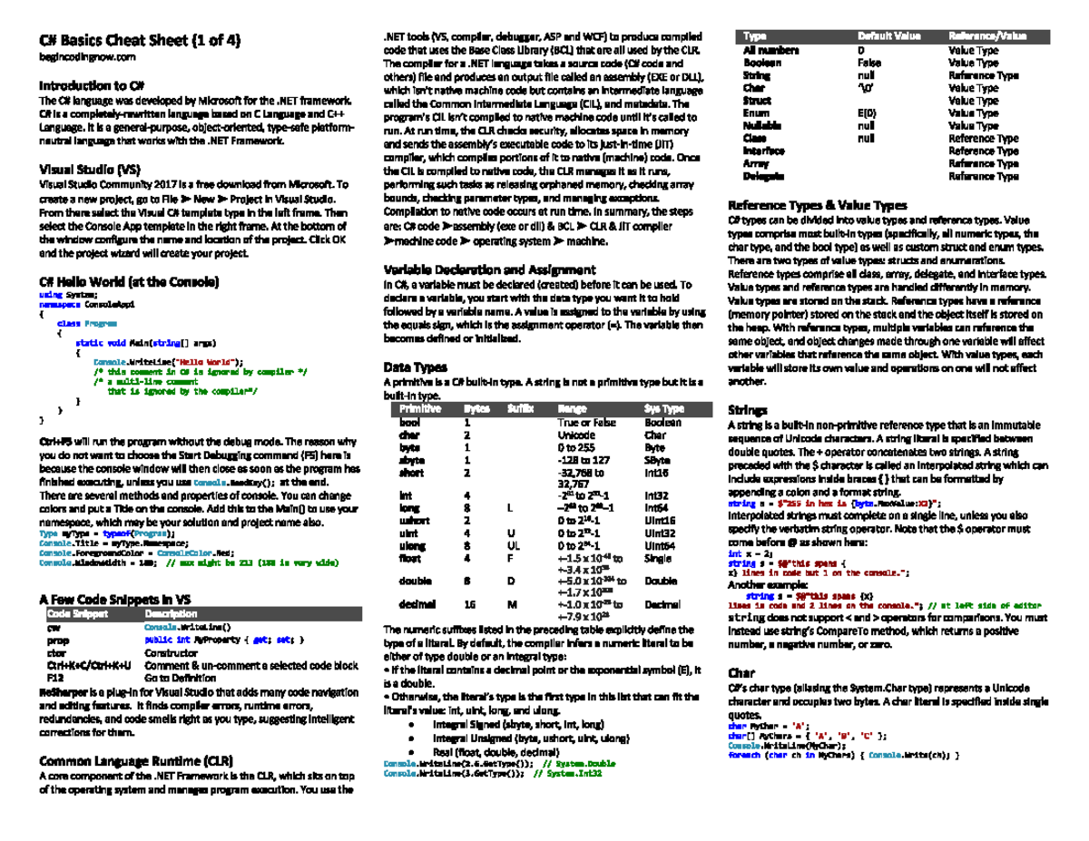 C#cheatsheet - cloud computing - Studocu