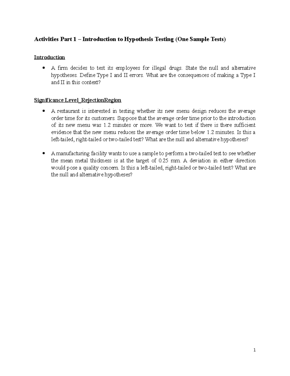 Activities Introduction to Hypothesis Testing Part 1 - Activities Part ...
