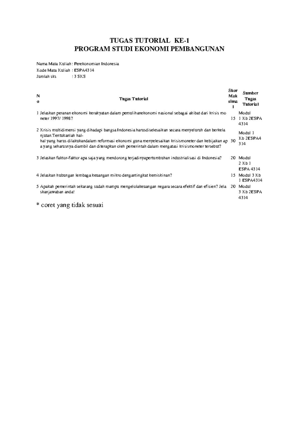 Espa4314 - sesi 3 - TUGAS TUTORIAL KE- 1 PROGRAM STUDI EKONOMI PEMBANGUNAN Nama Mata Kuliah ...
