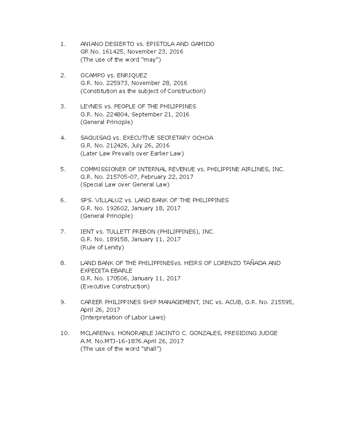 Statcon Digested Cases - ANIANO DESIERTO vs. EPISTOLA AND GAMIDO GR No ...