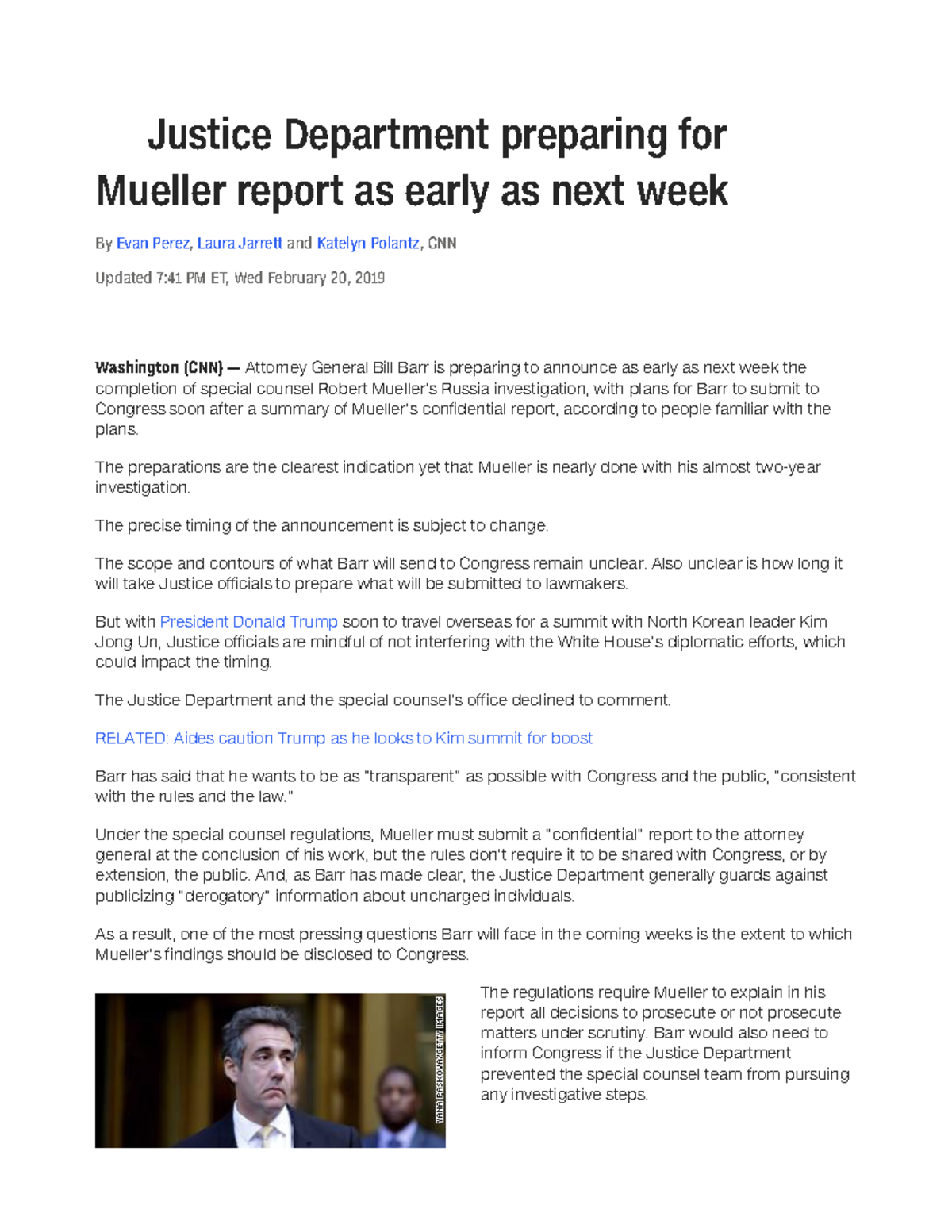 Justice Department preparing for Mueller report as early as nex ...