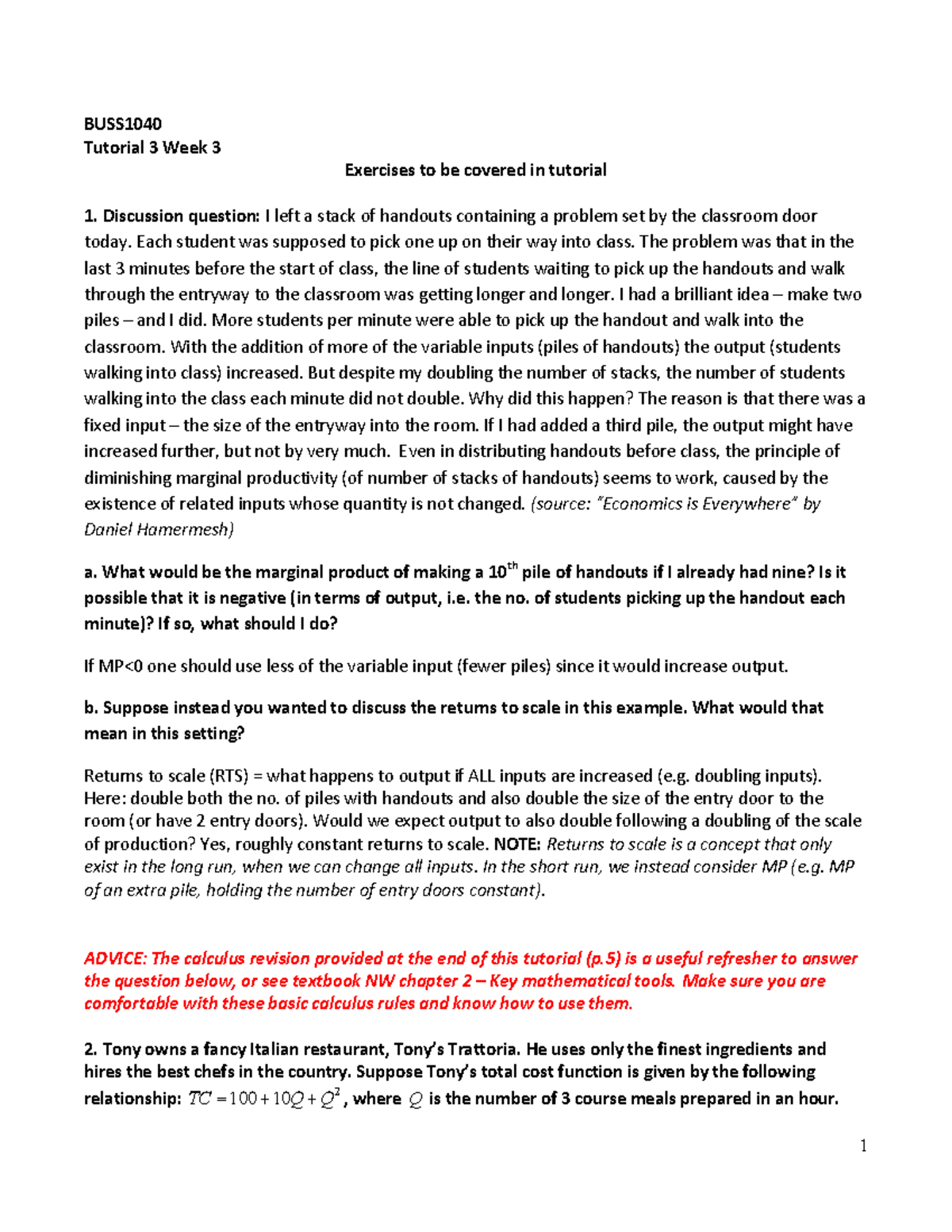 Tutorial 3 with answers - BUSS Tutorial 3 Week 3 Exercises to be covered in tutorial Discussion ...