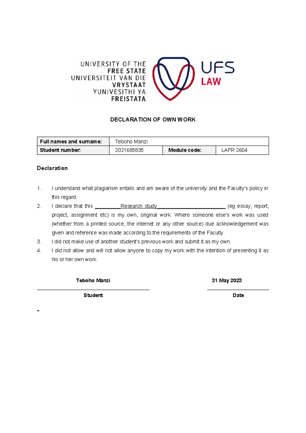 LAFR Assignment - reswgesrg - DECLARATION OF OWN WORK Full names and ...