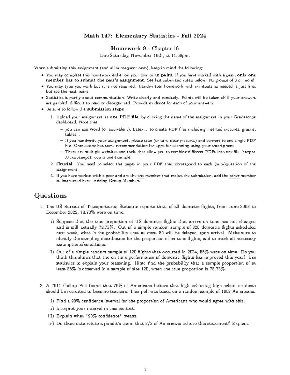 Homework 9 - Math 147: Elementary Statistics - Fall 2024 Homework 9 ...
