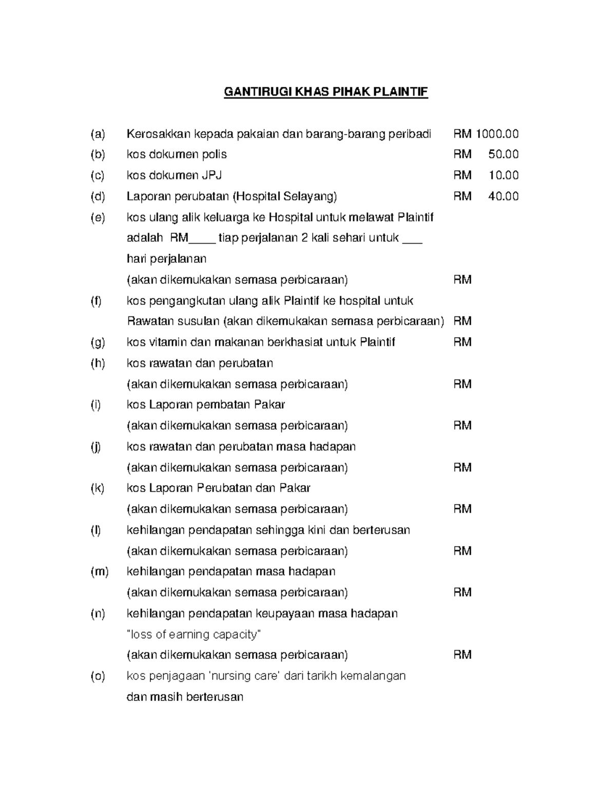 Ganti rugu khas butiran - GANTIRUGI KHAS PIHAK PLAINTIF (a) Kerosakkan ...