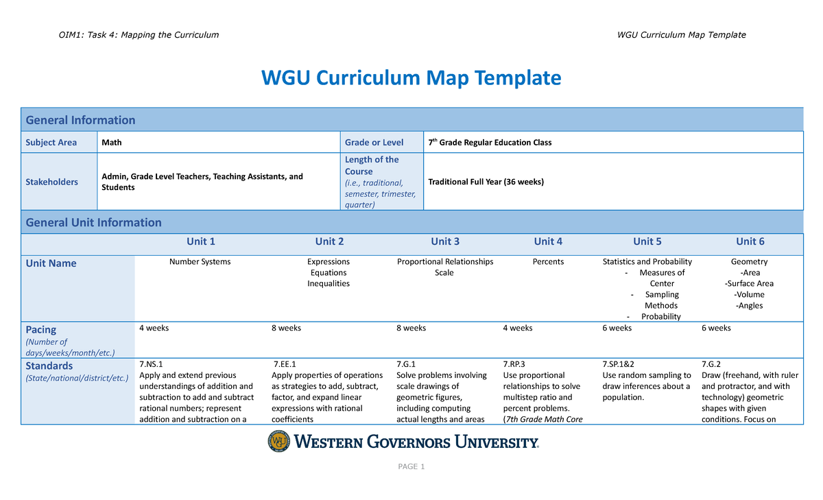 Mapping the Curriculum Task 4 - WGU Curriculum Map Template General ...