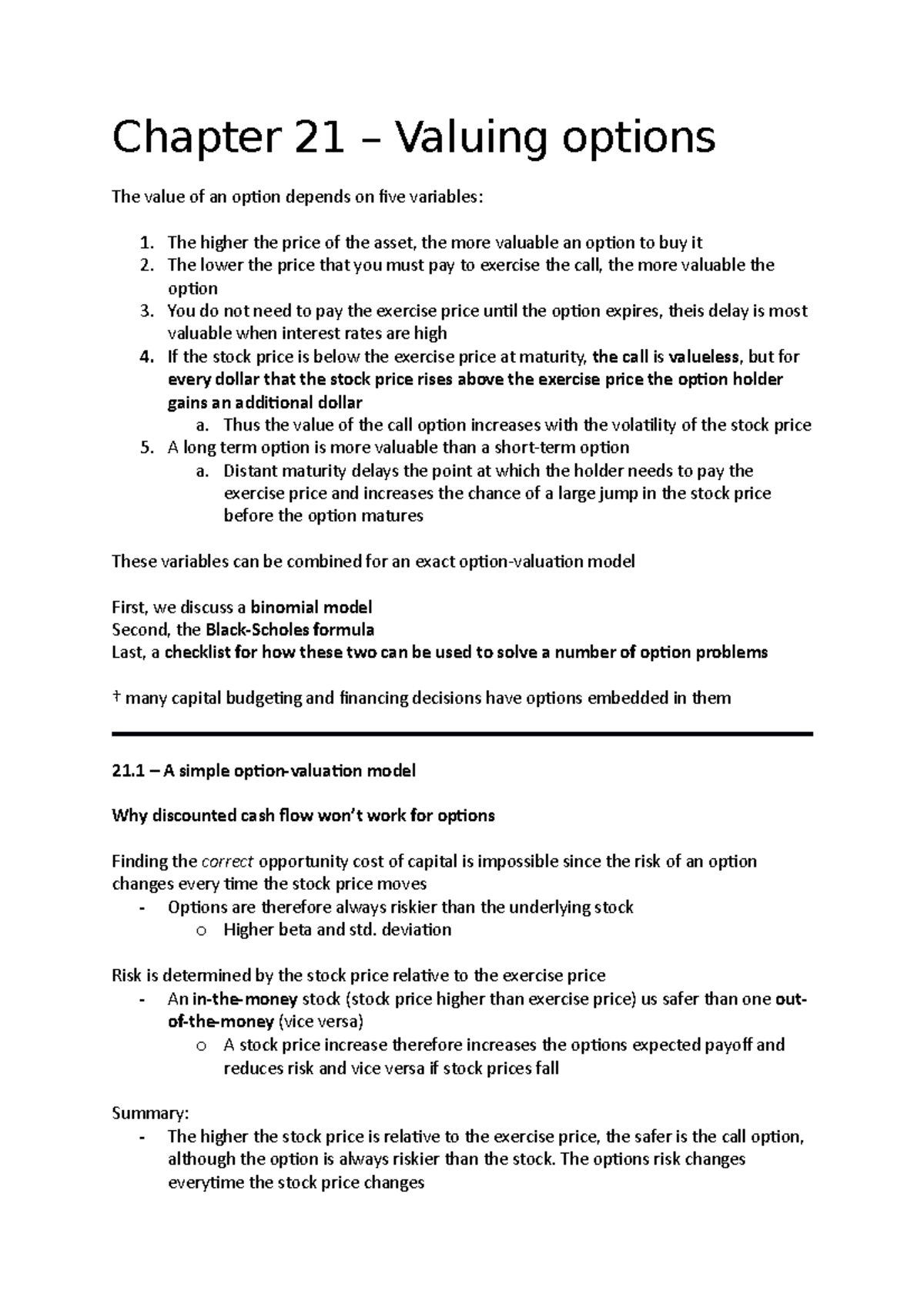 Chapter 21 - Chapter 21 – Valuing options The value of an option ...