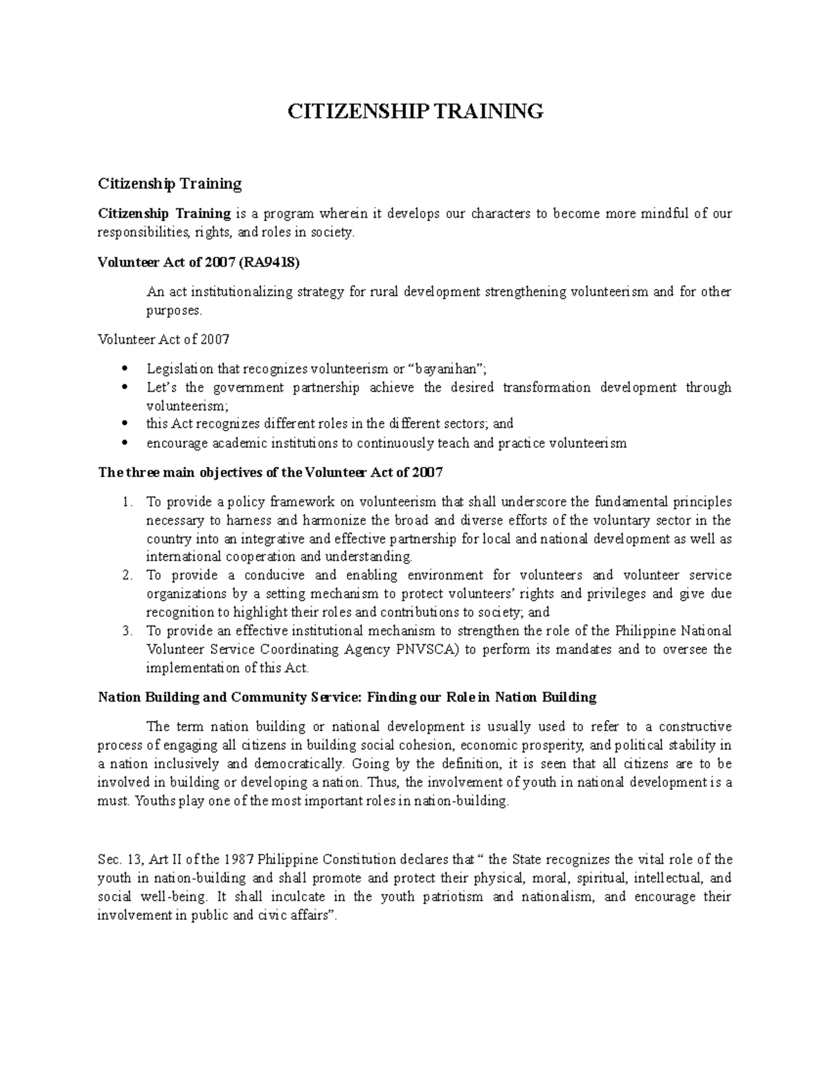 Citizenship Training - CITIZENSHIP TRAINING Citizenship Training ...