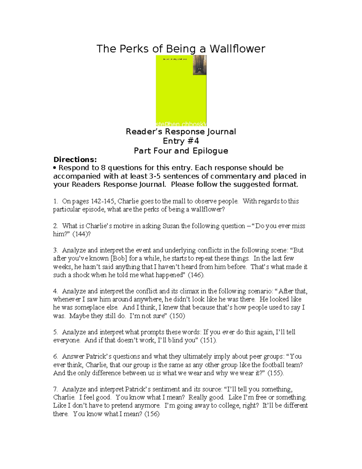 Perks RR 4 - work - The Perks of Being a Wallflower Reader’s Response ...