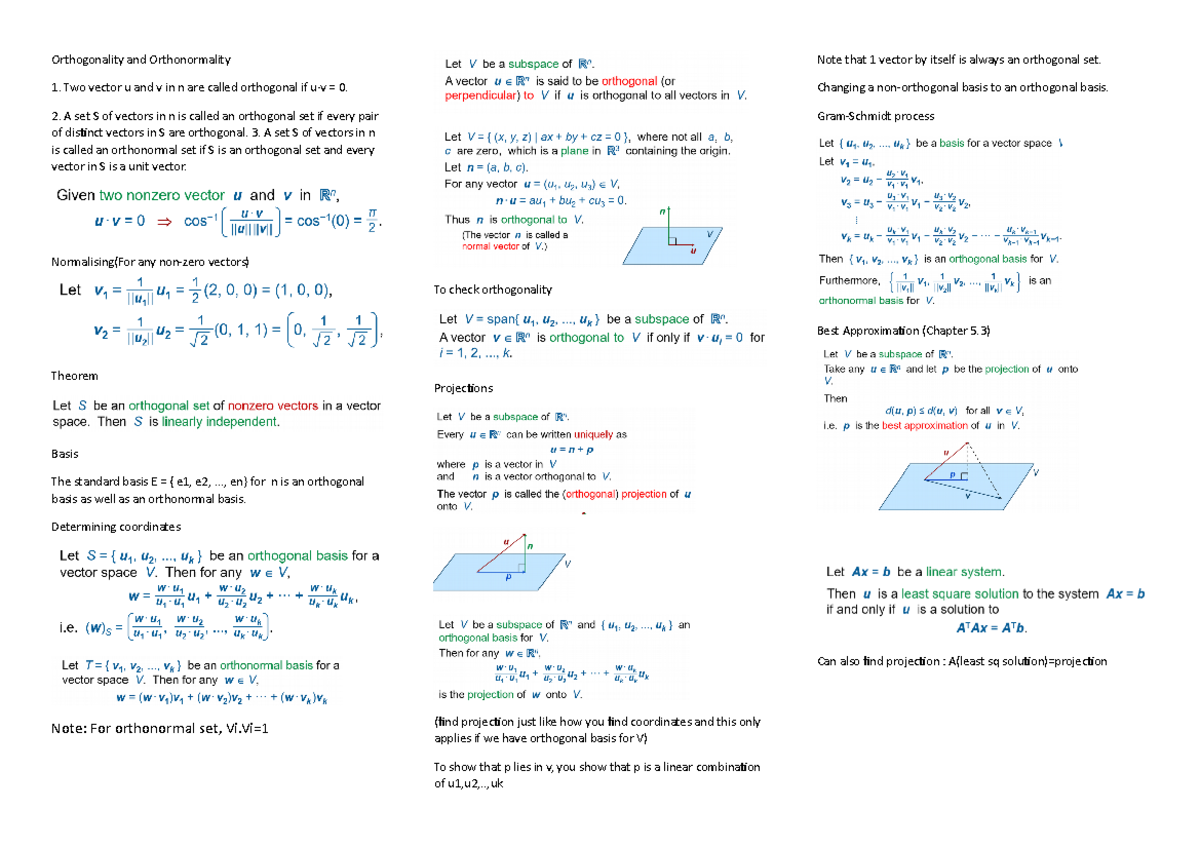 Chapter 5 cheatsheet - Orthogonality and Orthonormality Two vector u ...