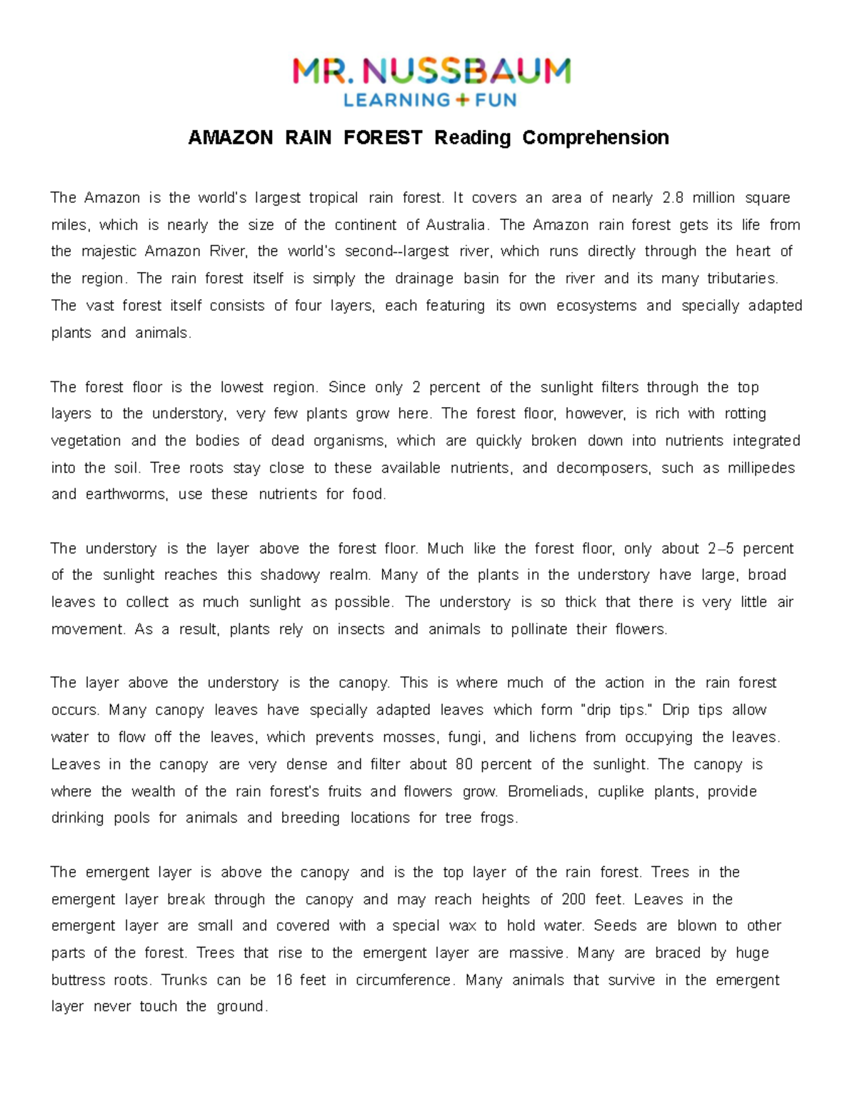 English Class - apuntes - AMAZON RAIN FOREST Reading Comprehension The ...