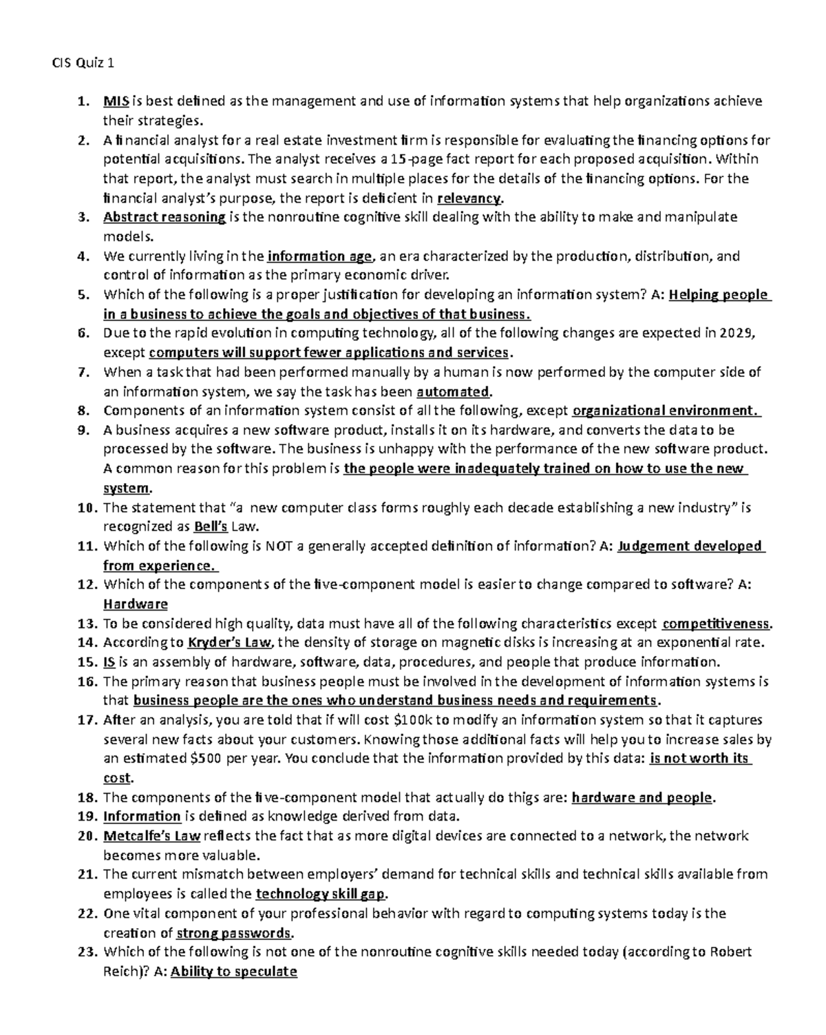 CIS Quiz Answers - CIS Quiz 1 1. MIS is best deined as the management ...