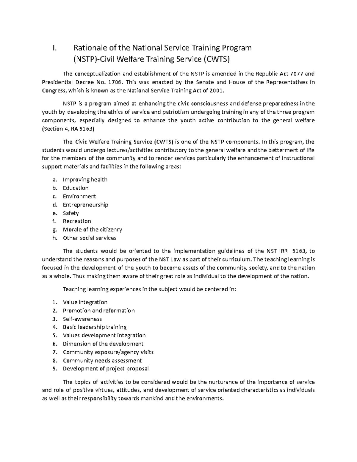 CWTS - Topic 1 - Hope it helps - I. Rationale of the National Service ...