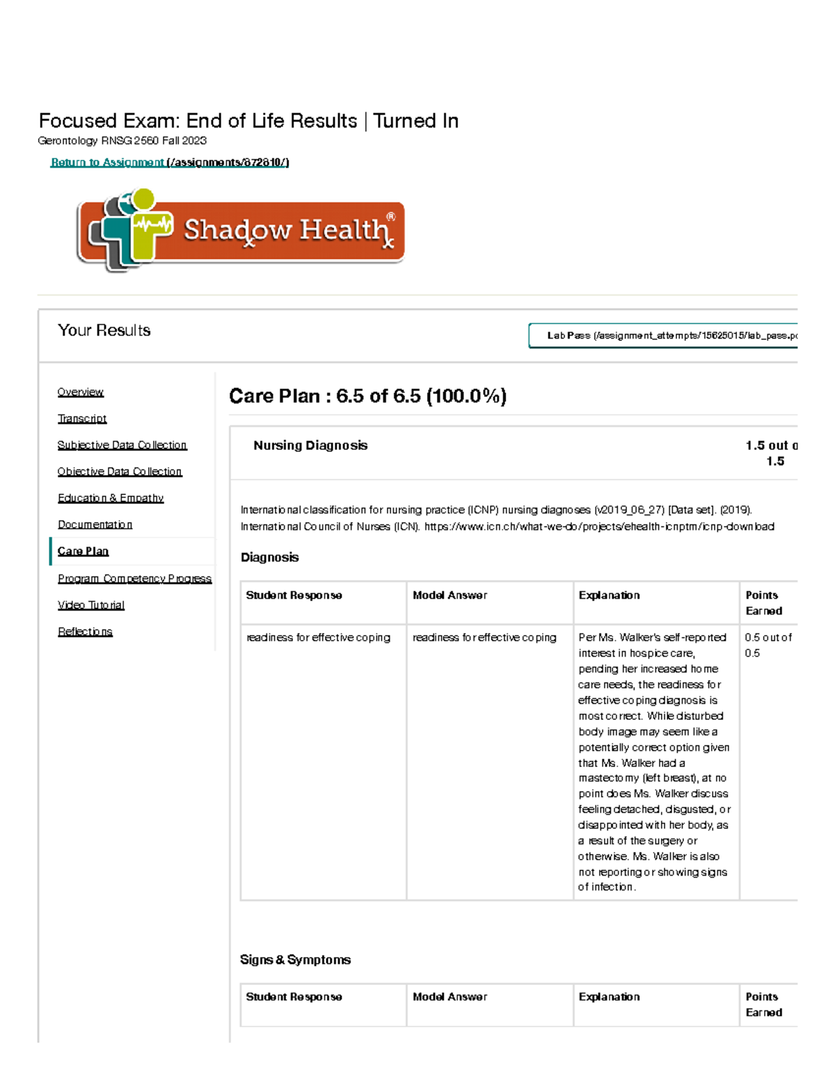 6 - CARE PLAN - SH GERO - END OF LIFE - Regina Walker - Focused Exam ...