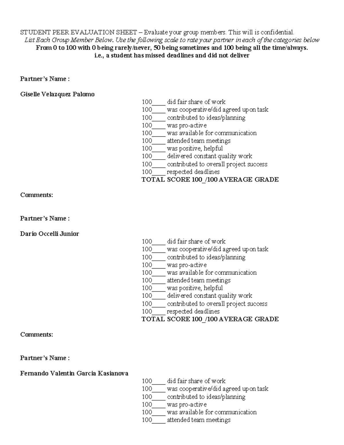 Student Peer Review 2024 - STUDENT PEER EVALUATION SHEET – Evaluate ...
