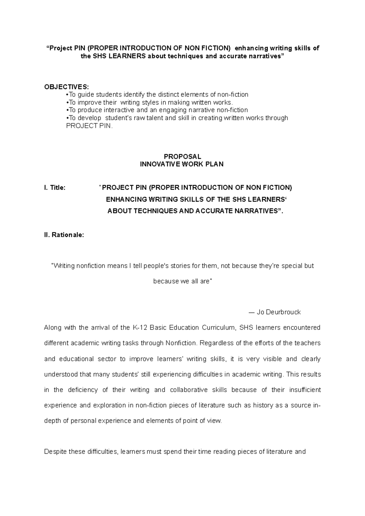 Proposal Innovative Workplan - “Project PIN (PROPER INTRODUCTION OF NON ...