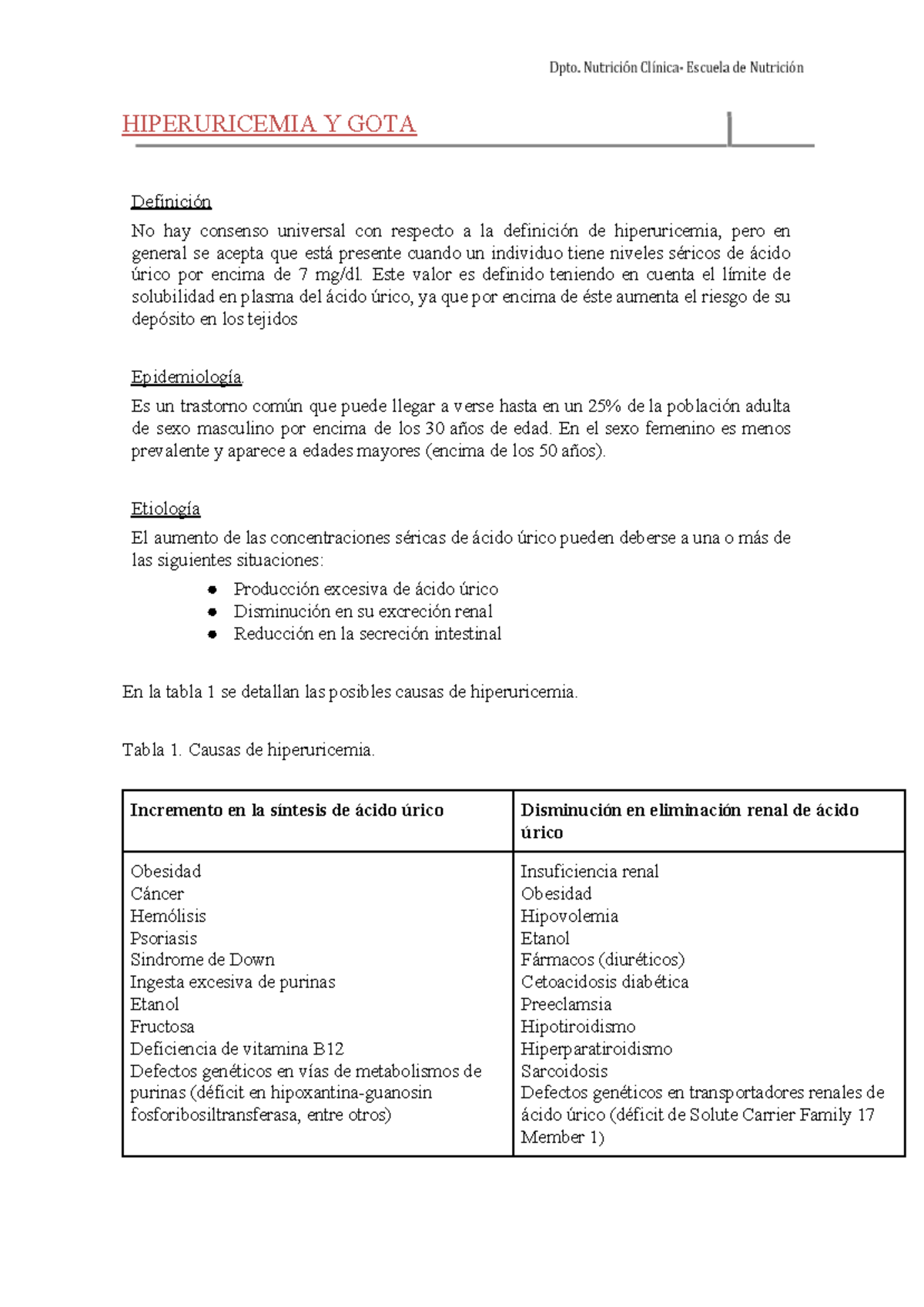 Hiperuricemia 2019 - Nutclinica - HIPERURICEMIA Y GOTA Definición No ...