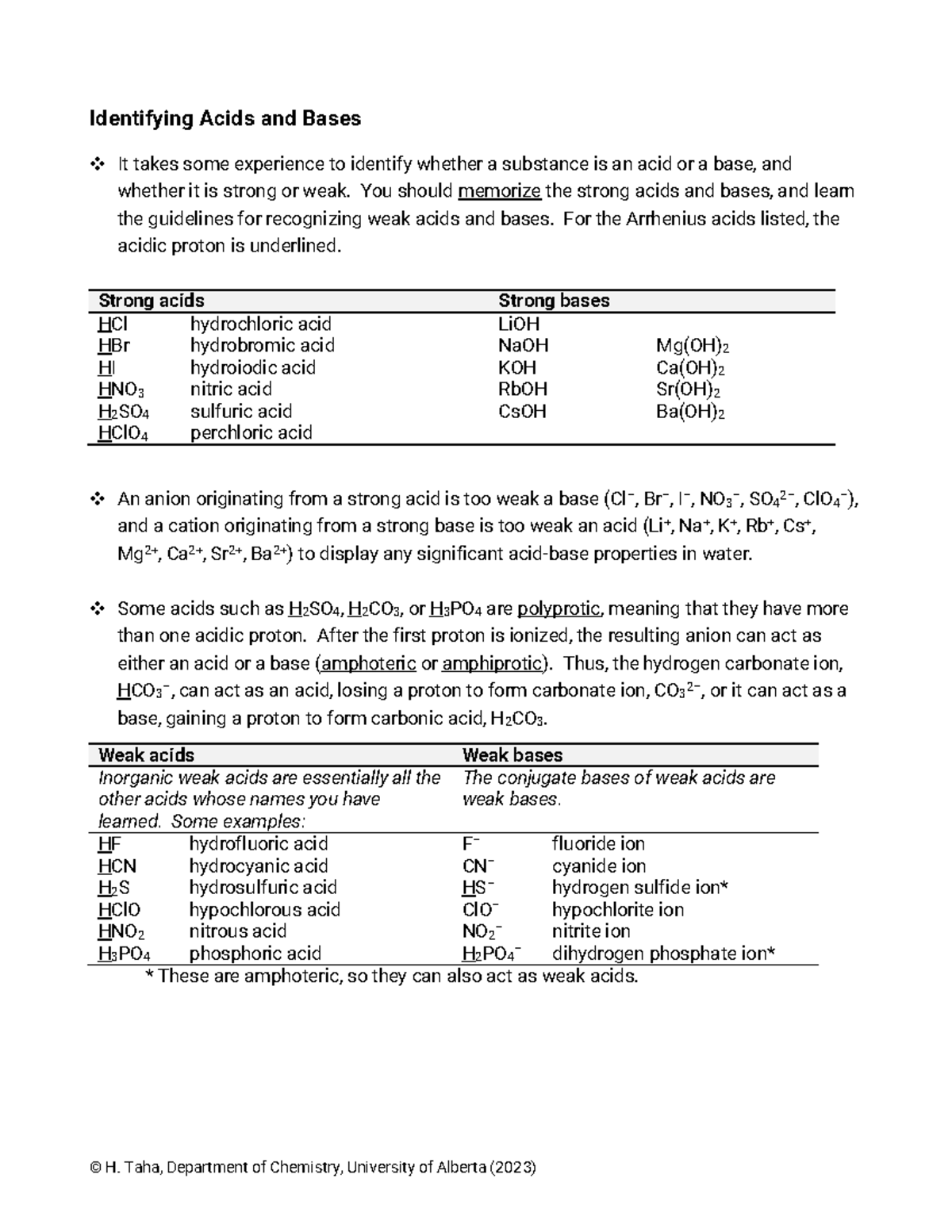 Handout - Acids and Bases v2 101 - © H. Taha, Department of Chemistry ...