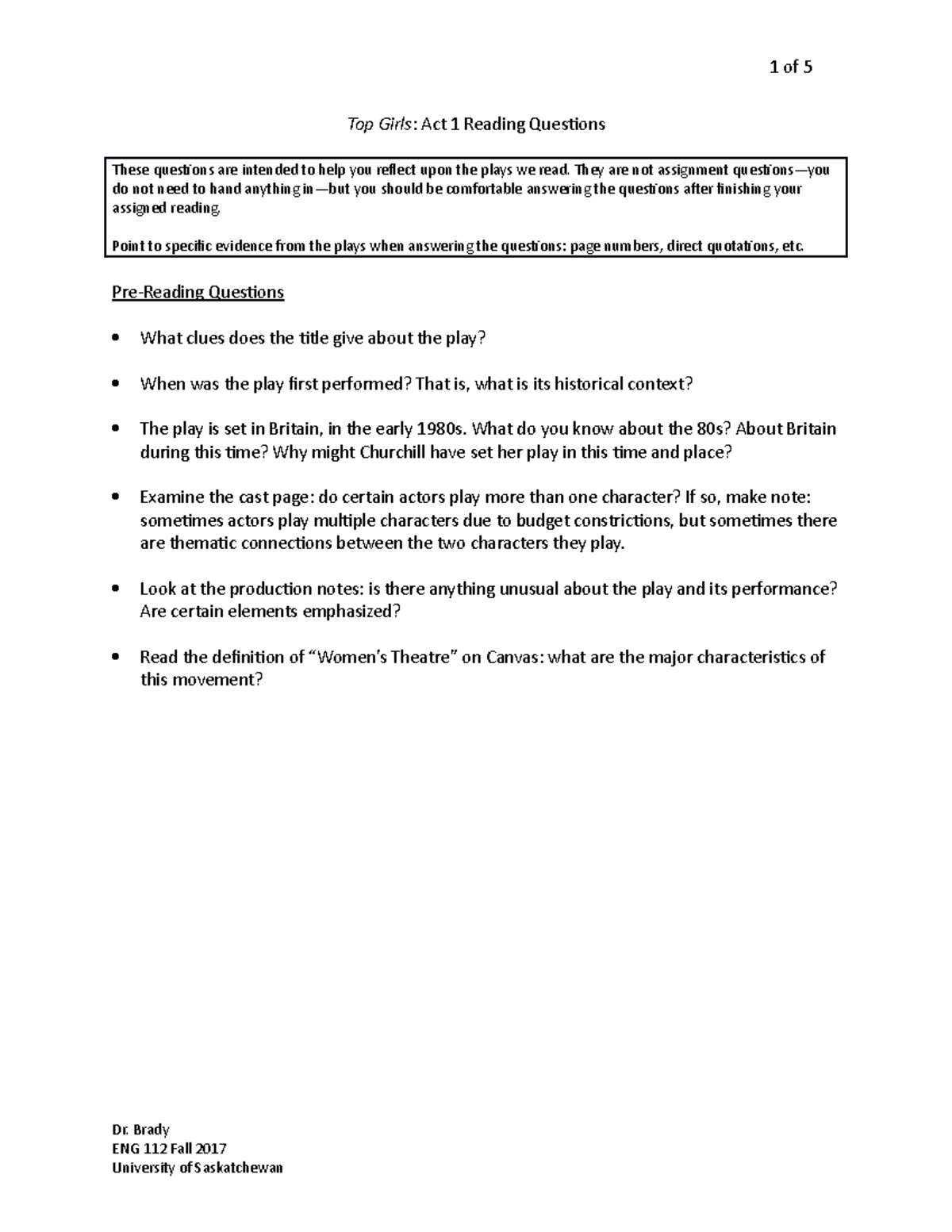 Reading Questions Top Girls Act 1-1 - Eng 112.3 - U of S - Studocu