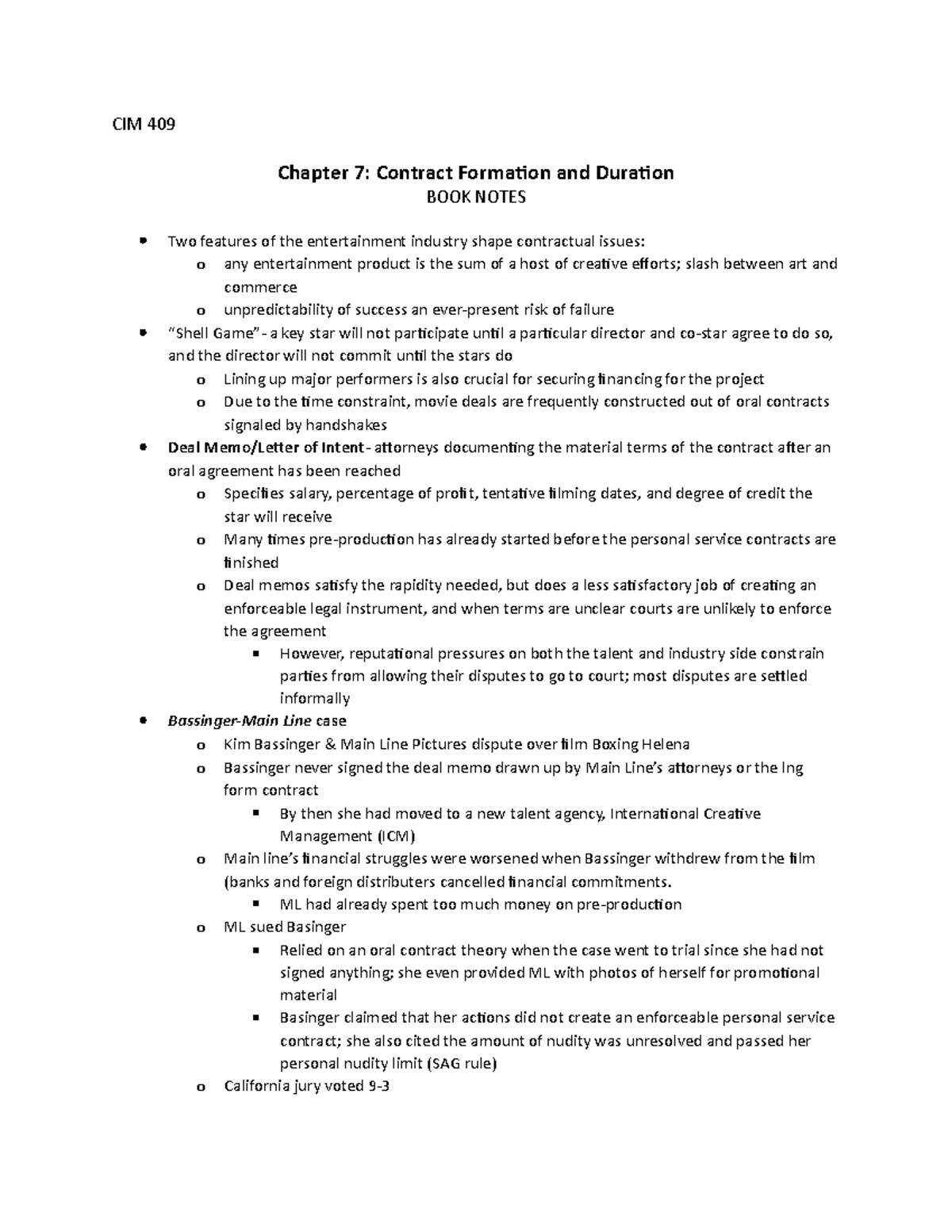 CIM 409 Ch 7 Book Notes - CIM 409 Chapter 7: Contract Formation and ...