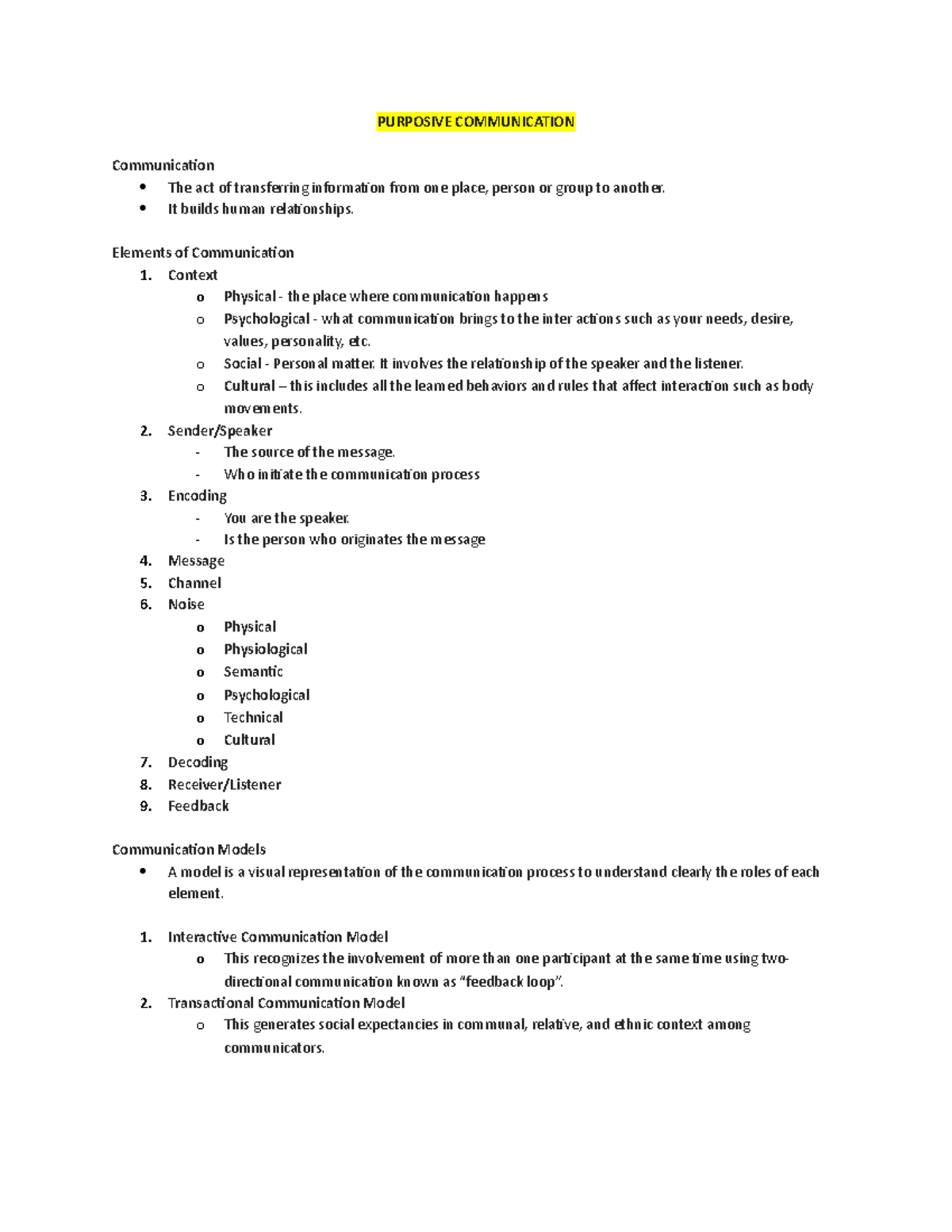 Purposive Communication Notes - PURPOSIVE COMMUNICATION Communication ...