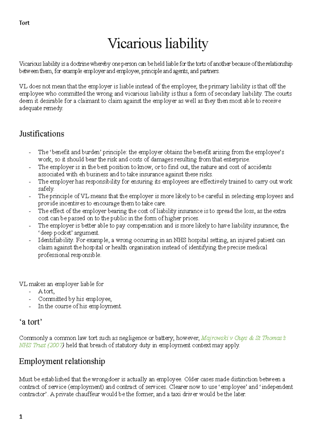 Vicarious liability notes - Vicarious liability Vicarious liability is ...