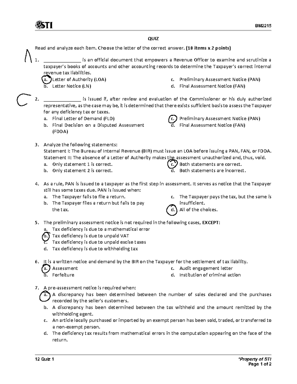 12 Quiz 1 - Guide - BM221 5 12 Quiz 1 *Property of STI Page 1 of 2 QUIZ ...