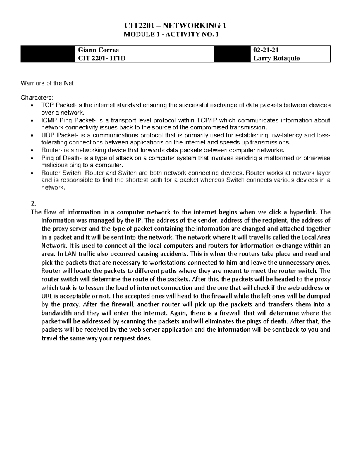 Net - CIT2201 – NETWORKING 1 MODULE 1 - ACTIVITY NO. 1 Name: Giann ...