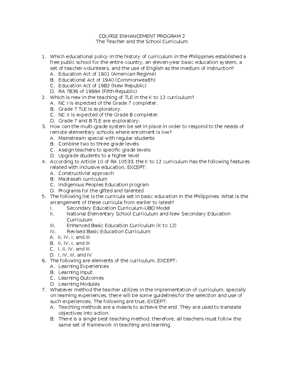 The teacher and the school curriculum - COURSE ENHANCEMENT PROGRAM 2 ...