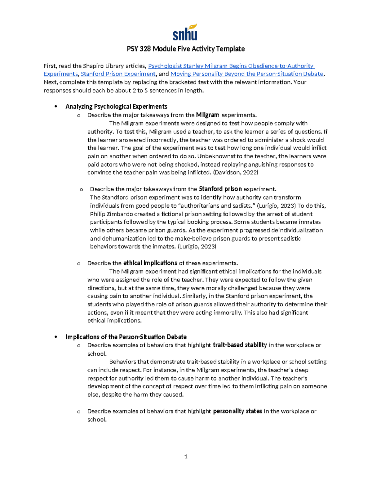 PSY 328 Module Five Activity Template - PSY 328 Module Five Activity Template First, read the ...